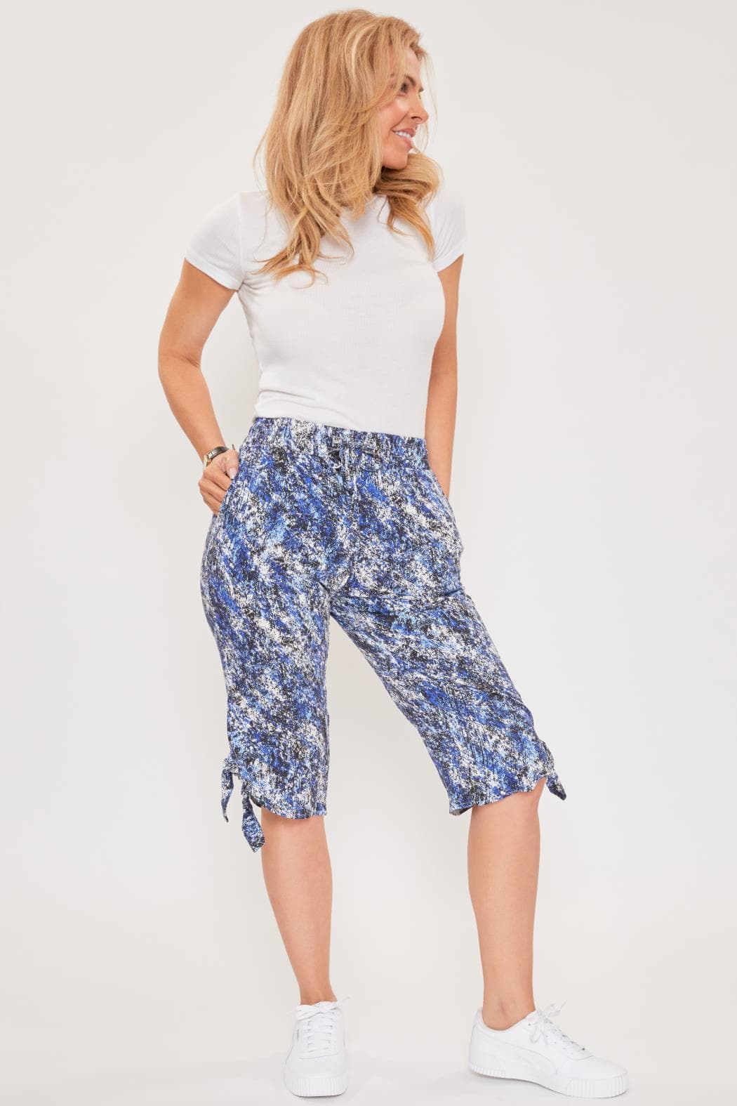 Women's Petite Linen Elastic Waist Capri Side Keyhole With Tie Hem from ...